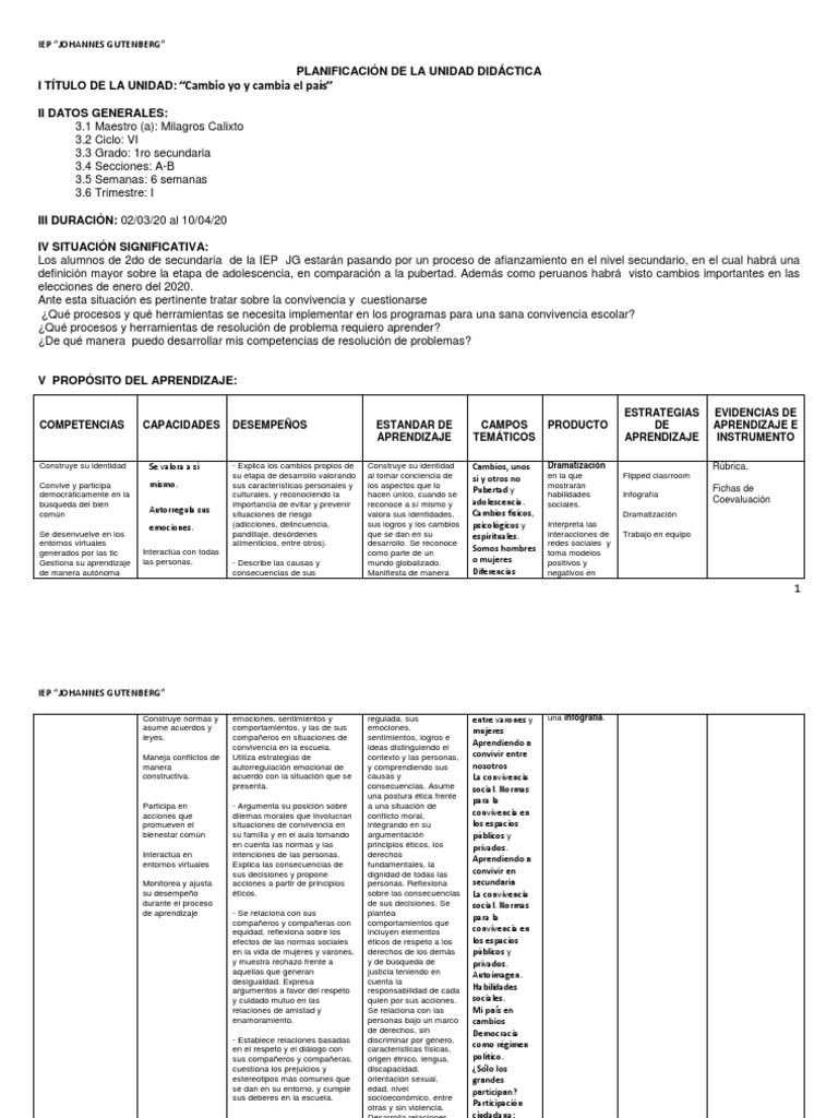Planificación de La Unidad Didáctica Proyecto 1 DPCC 1ro | PDF | Autorregulación emocional | Las ...