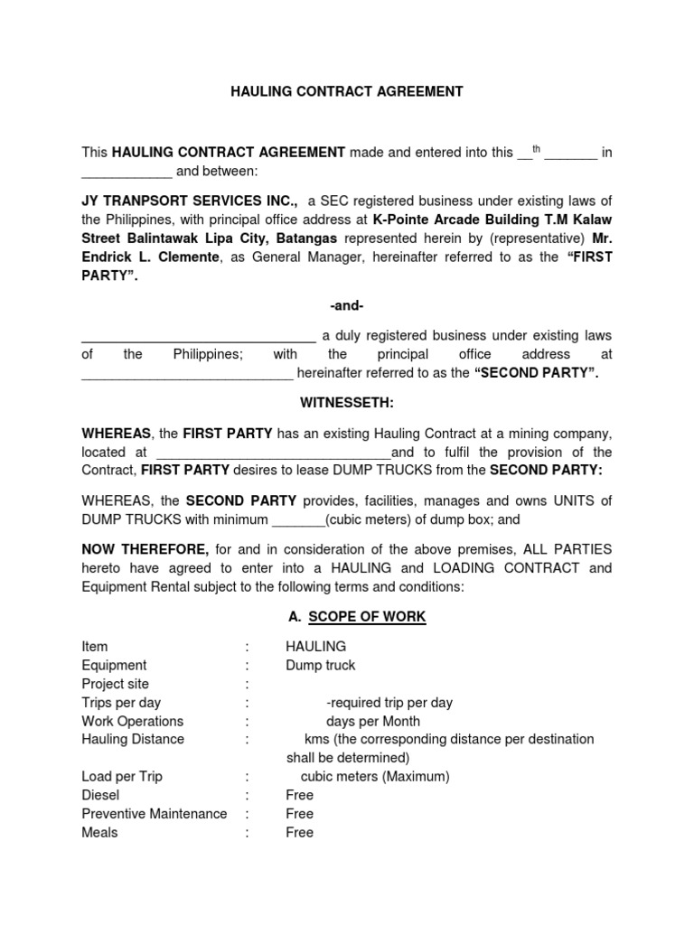 Hauling Contract Agreement Template | PDF | Lease | Truck