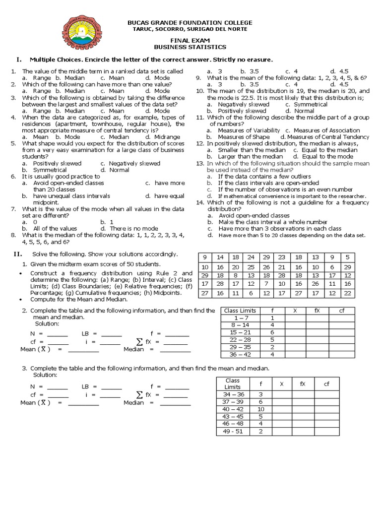 Business Statistics Final Exam Guide | PDF | Mode (Statistics) | Skewness