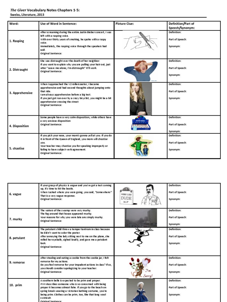The Giver Vocabulary Notes Chapters 1-5 | PDF | Linguistics | Semiotics