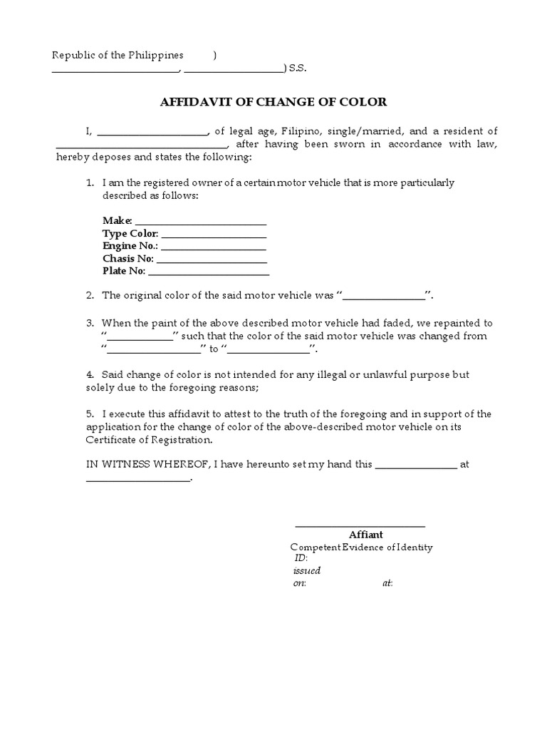 Affidavit of Change of Color of Motor Vehicle (Template) | PDF