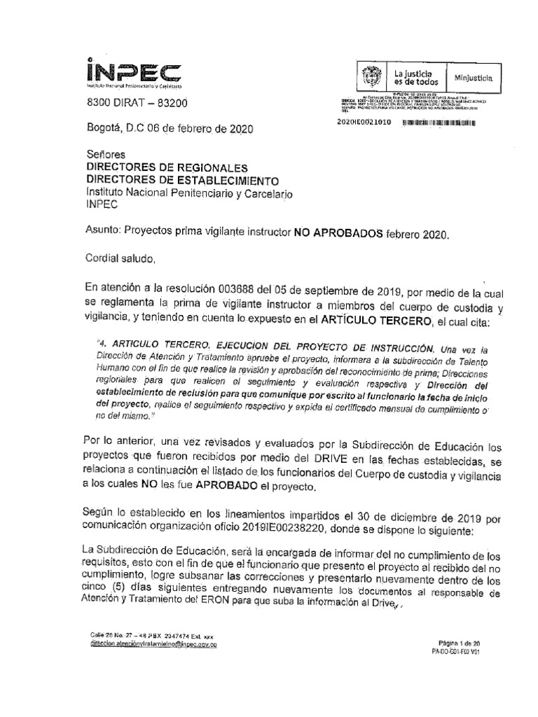 Oficio Proyectos No Aprovados Vigilante Instructor PDF | PDF