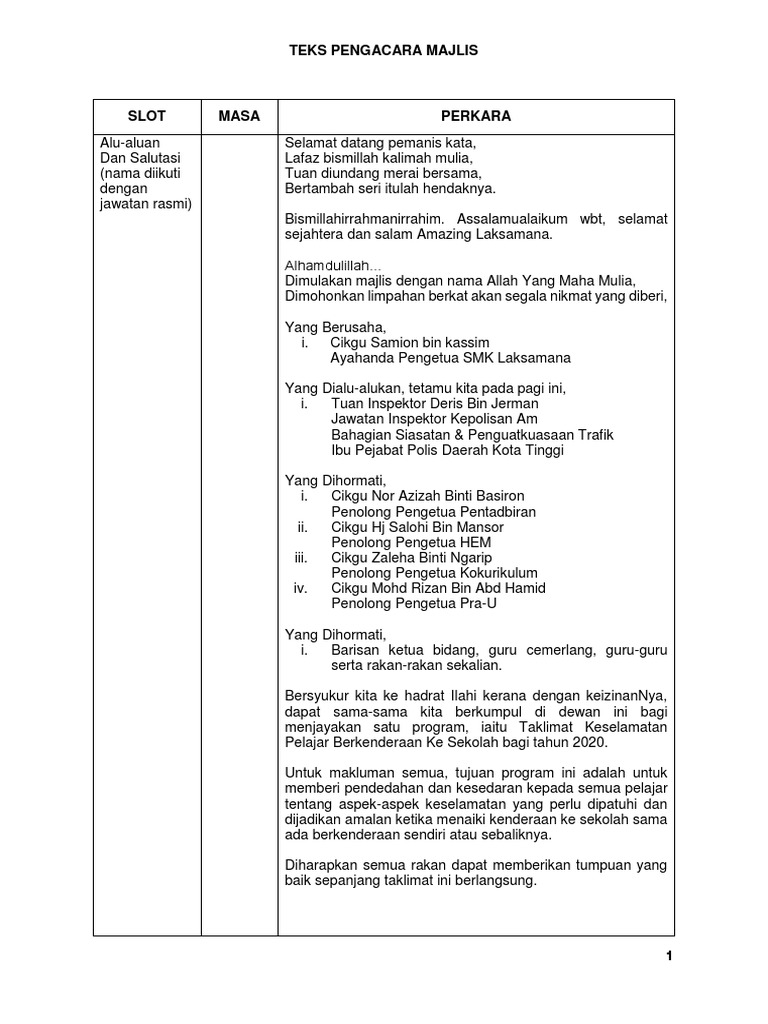 TEKS PENGACARA MAJLIS - Taklimat Keselamatan | PDF