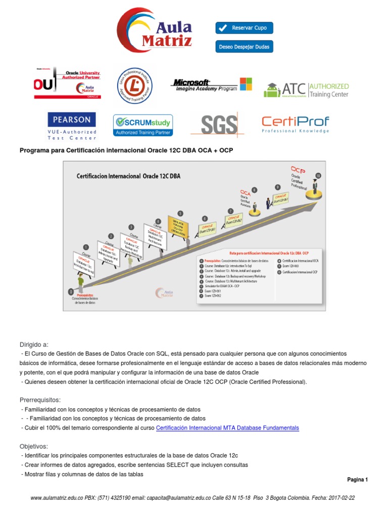 Capacitacion Programa para Certificación Internacional Oracle 12C DBA OCA + OCP | PDF | SQL | Apoyo
