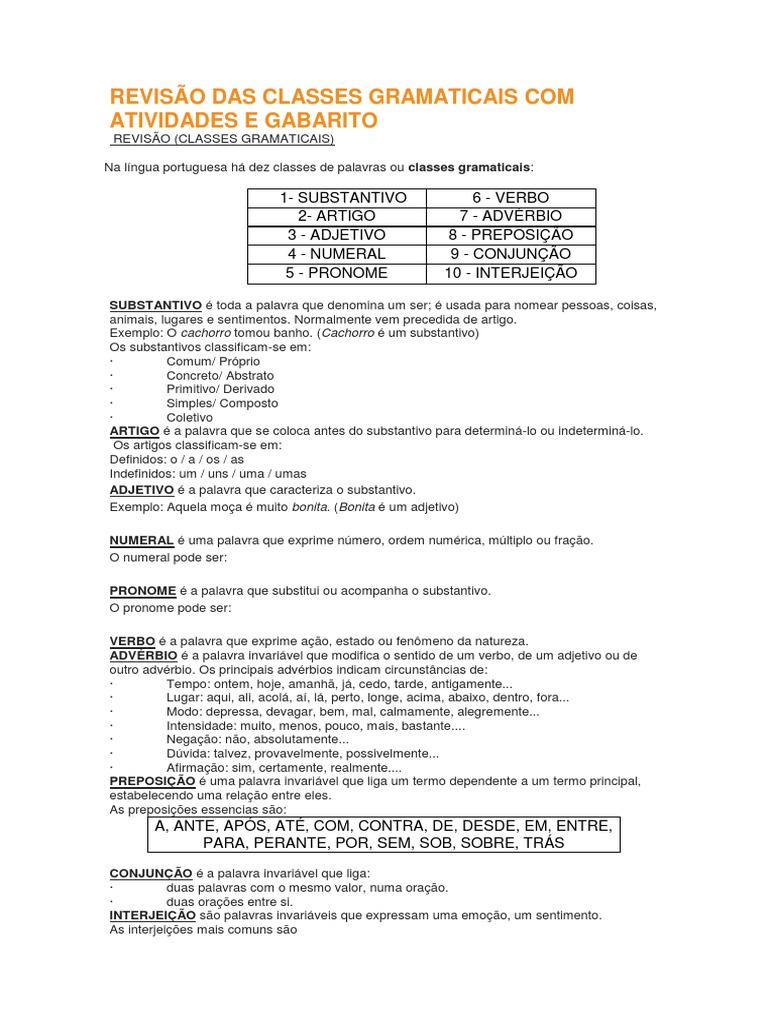 REVISÃO DAS CLASSES GRAMATICAIS COM ATIVIDADES E GABARITO 9 Ano | PDF ...