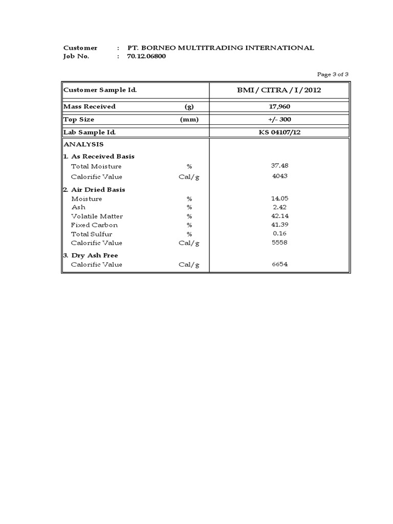 Contoh Hasil Analisa Batubara | PDF