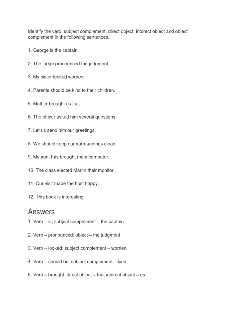 Worksheet Obj N Subj Comp | PDF | Object (Grammar) | Verb