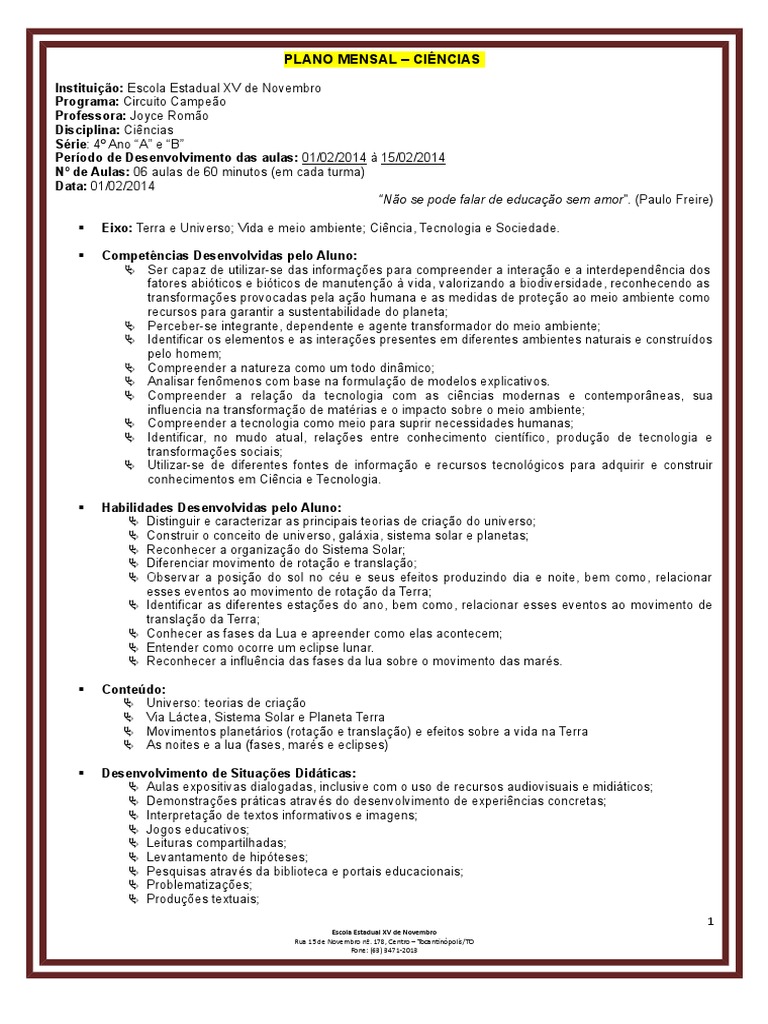 1 - PLANO DE AULA - Ciencias (4º Ano) Universo e Movimentos Da Terra | PDF | Lua | Terra