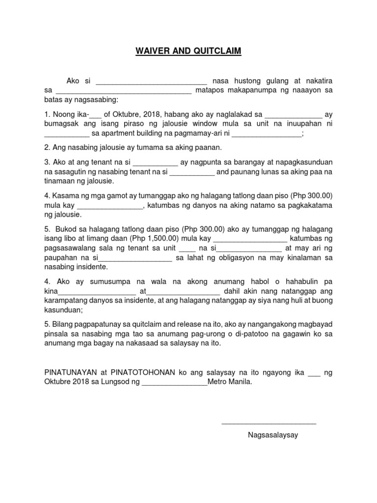 Waiver and Quitclaim Tagalog | PDF