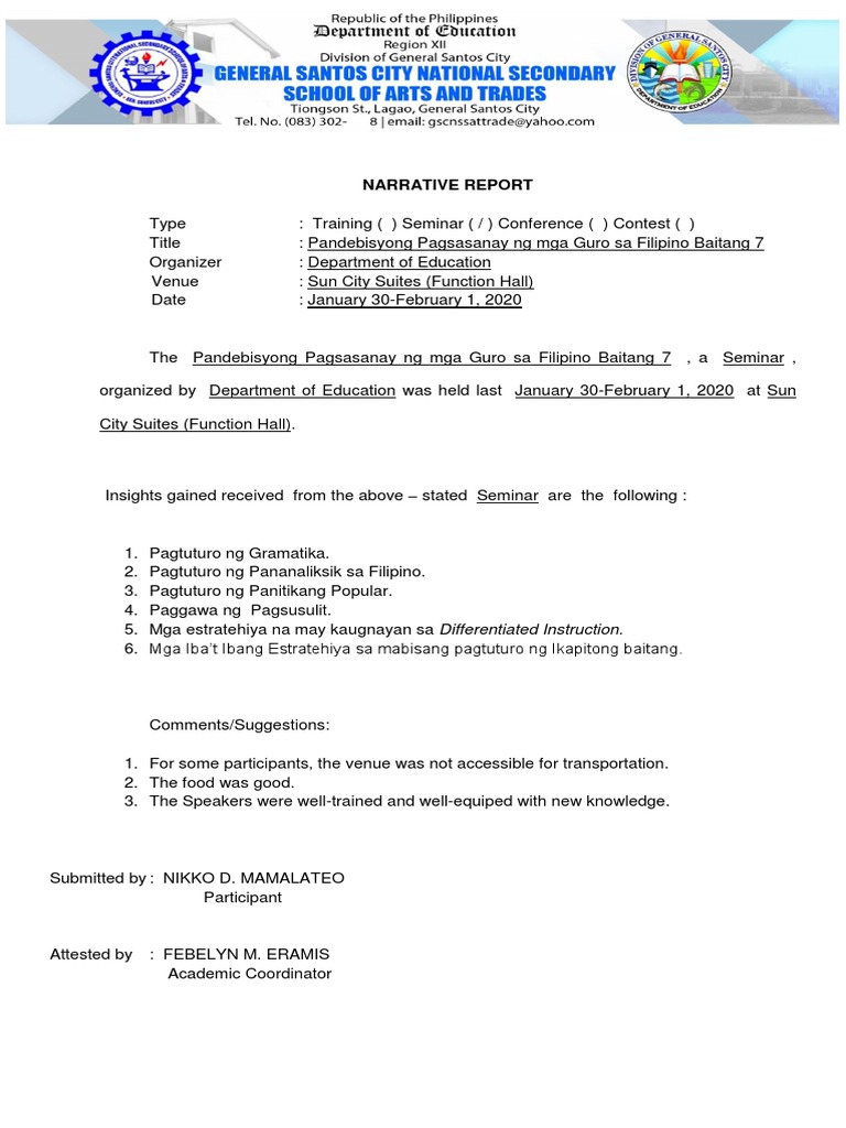 Narrative-Report (FIL 7 DIV TRAINING) | PDF