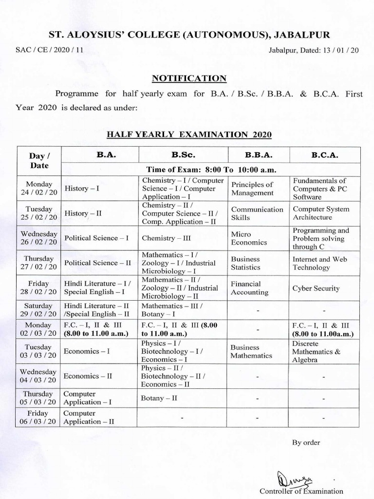 Half Yearly Exam Time Table 2020 PDF | PDF | Bachelor's Degree ...