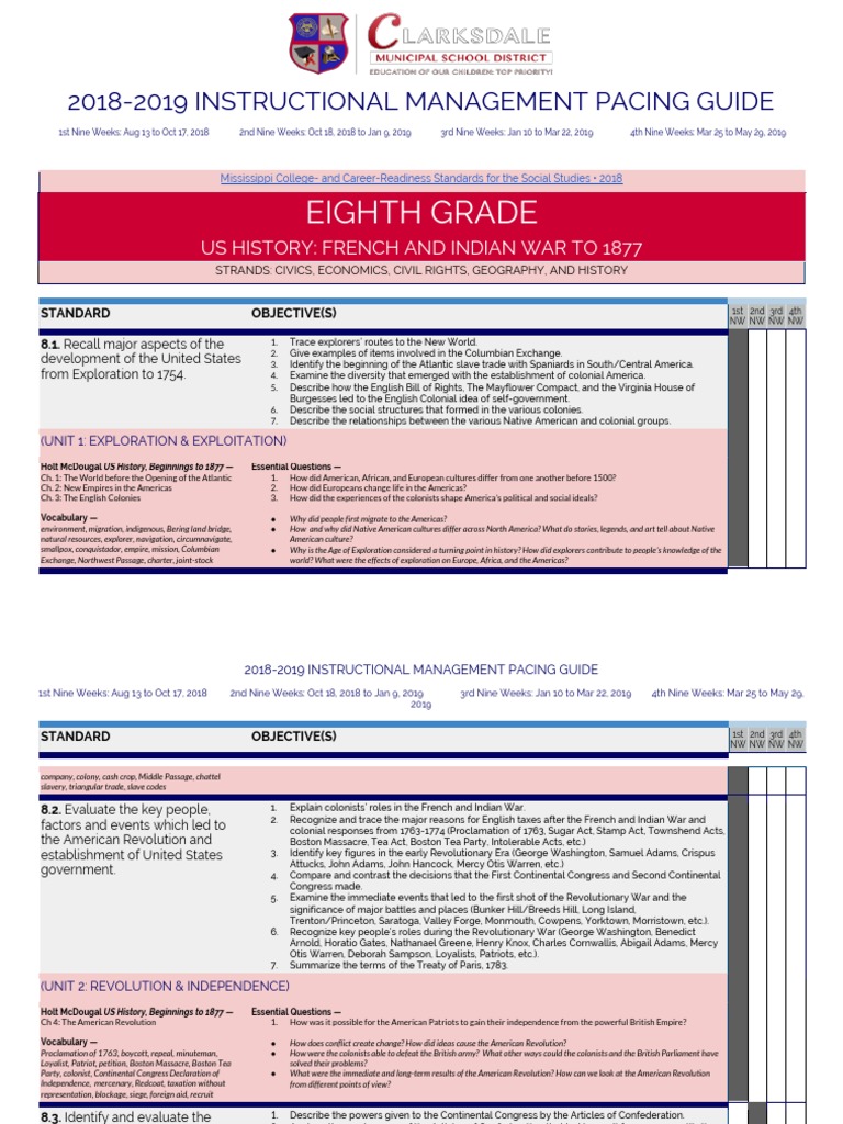 2018-19 Pacing Guide Eighth Grade Social Studies - Us History | PDF ...