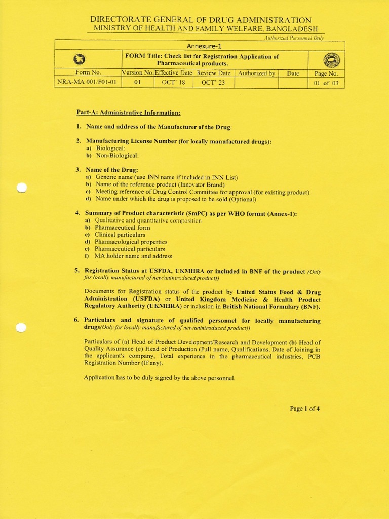 DGDA Checklist For New Drug | PDF | Food And Drug Administration ...