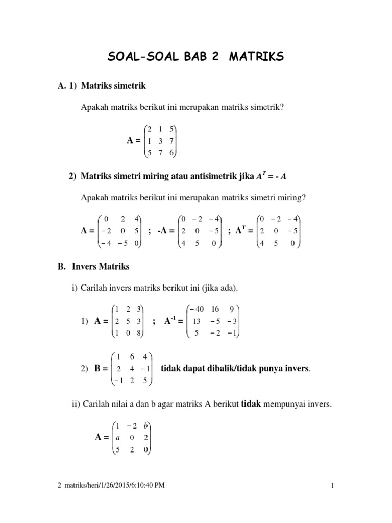 Contoh Soal Invers dan Matriks Simetri | PDF | Metode & Bahan Ajar