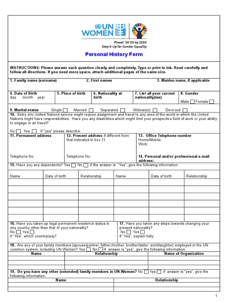 UN Women P11 Personal History Form | PDF