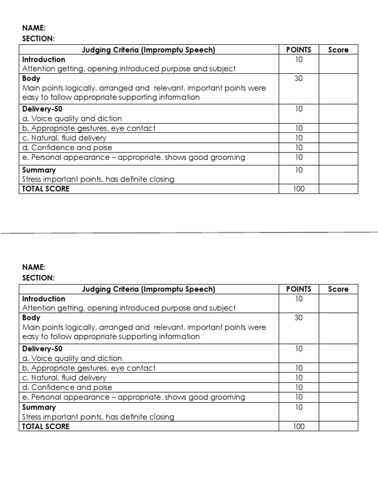 Criteria For Impromptu and Speech Choir | PDF