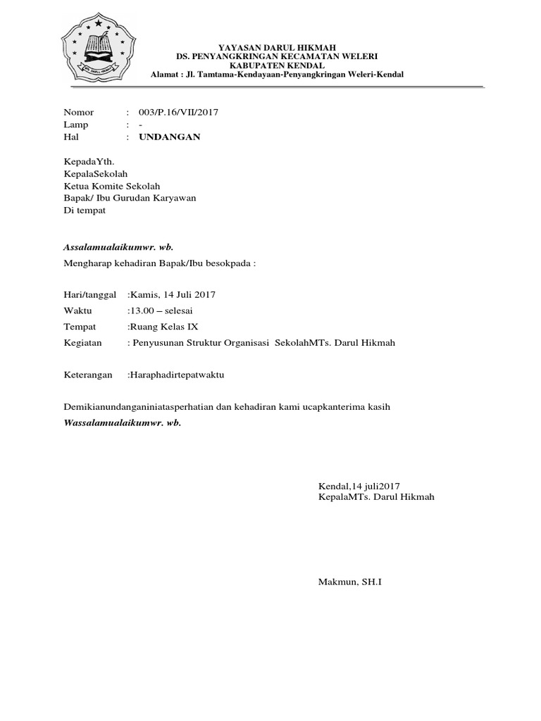 Surat Undangan Penyusunan Struktur Organisasi Sekolah | PDF | Kesehatan Holistik