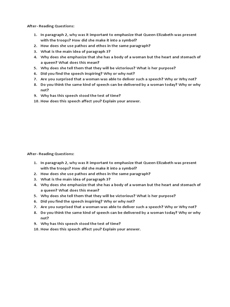 Questions - Speech To The Troops at Tilbury | PDF