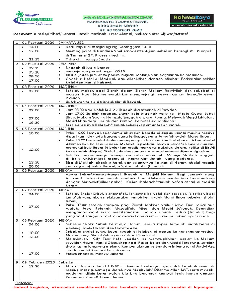 Tentative Itinerary Umrah Paket 9 Hari PDF | PDF