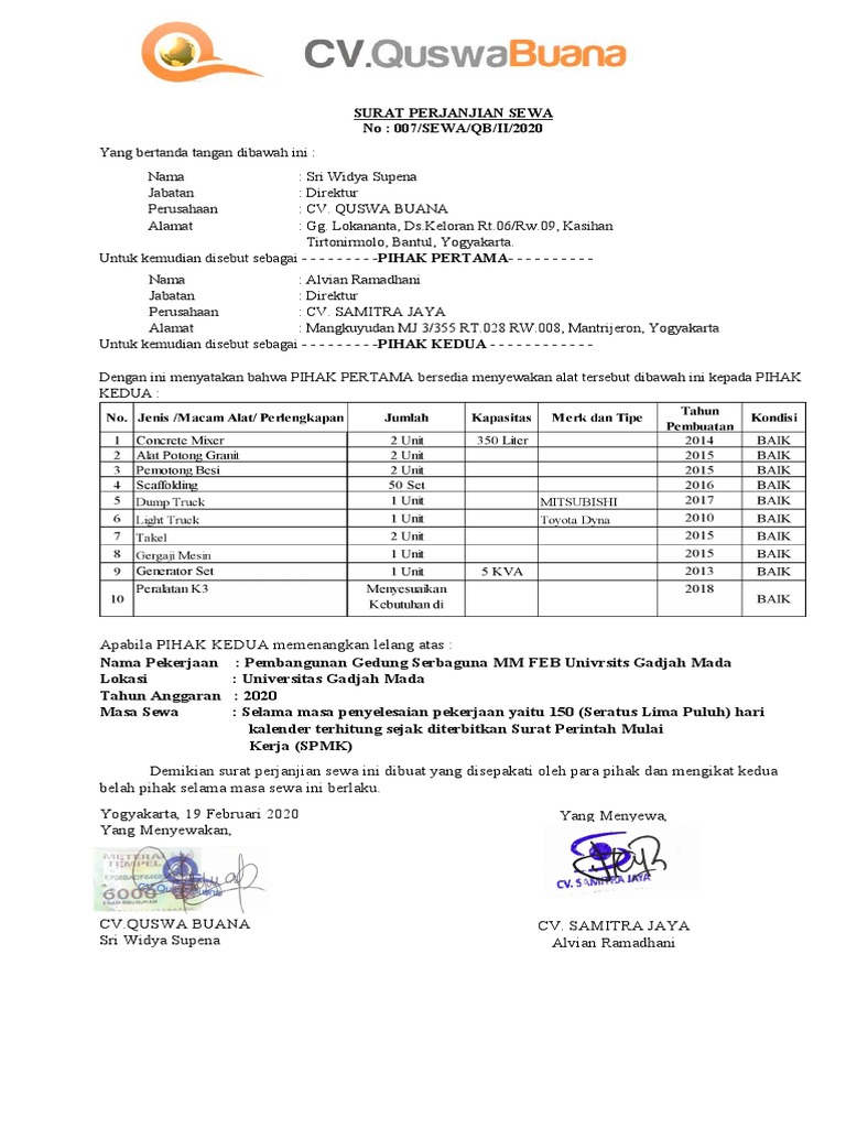 Surat Perjanjian Sewa Konstruksi | PDF