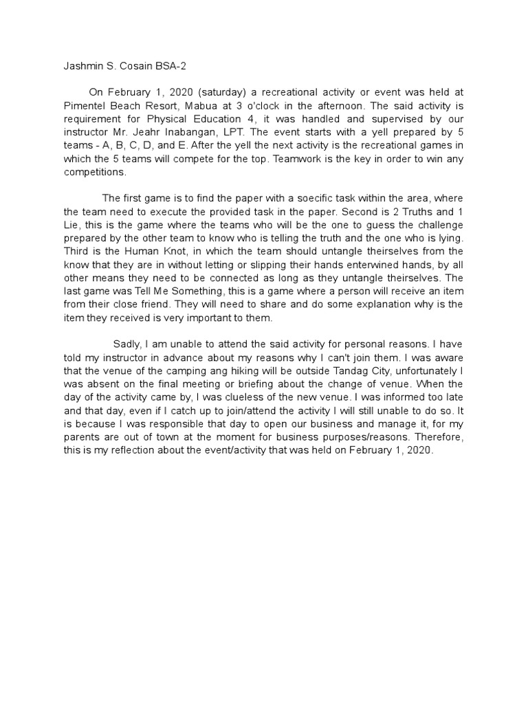 Reflection on PE Event at Pimentel Beach | PDF