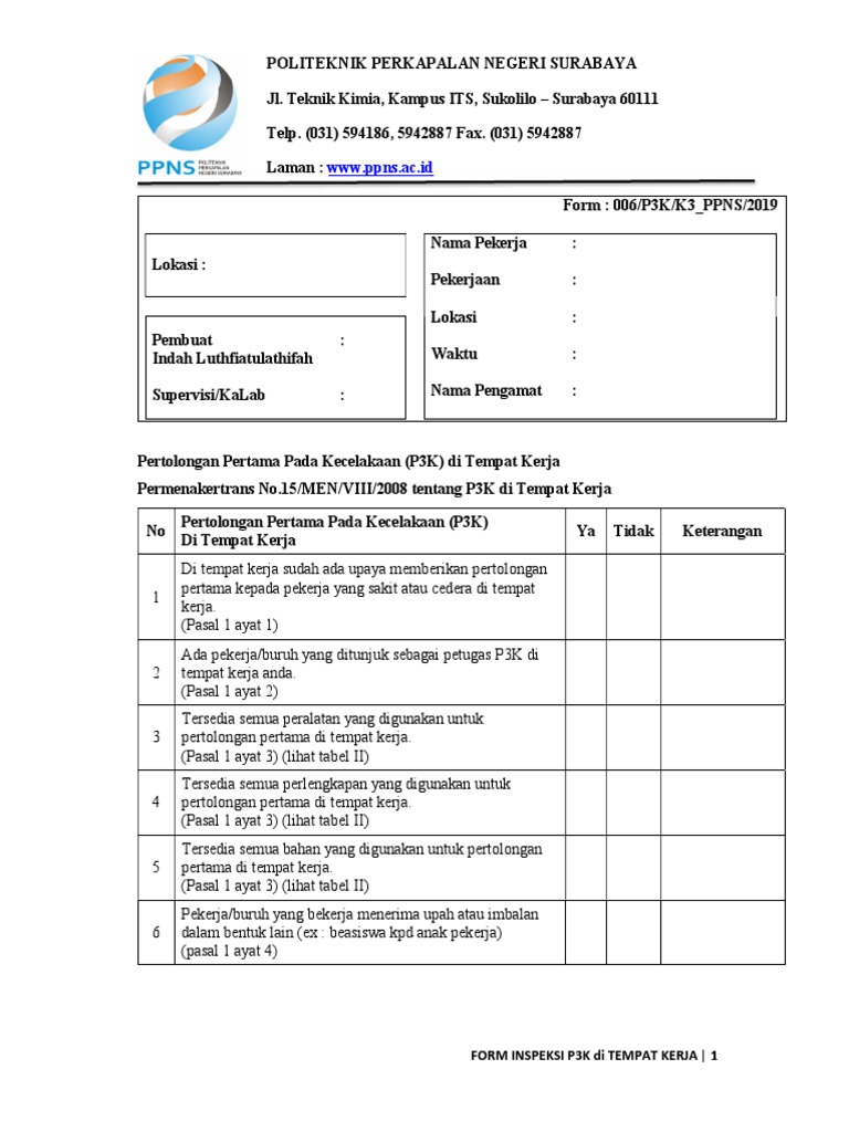 Form Inspeksi P3K | PDF | Teknologi & Rekayasa