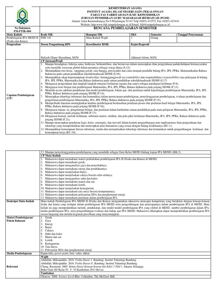 RPS Pembelajaran IPA 2 | PDF