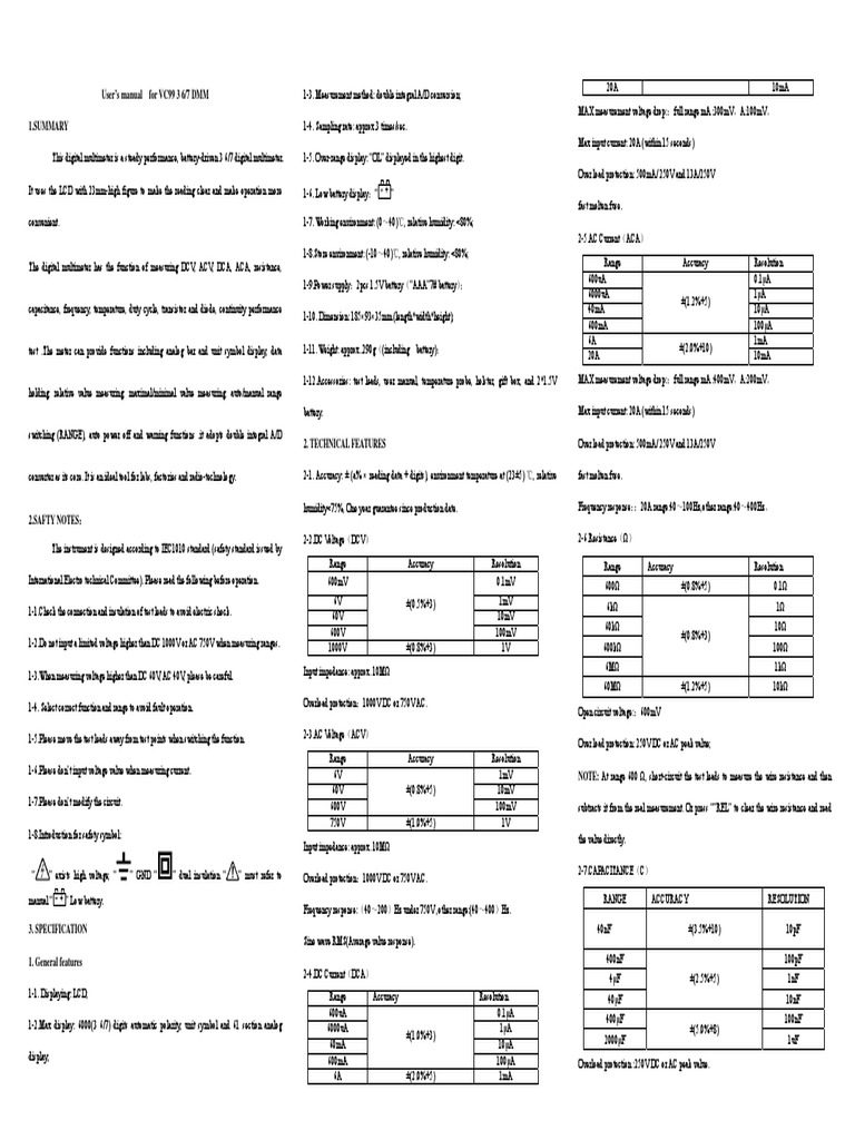 VC99 3 6/7 DMM User Manual | PDF