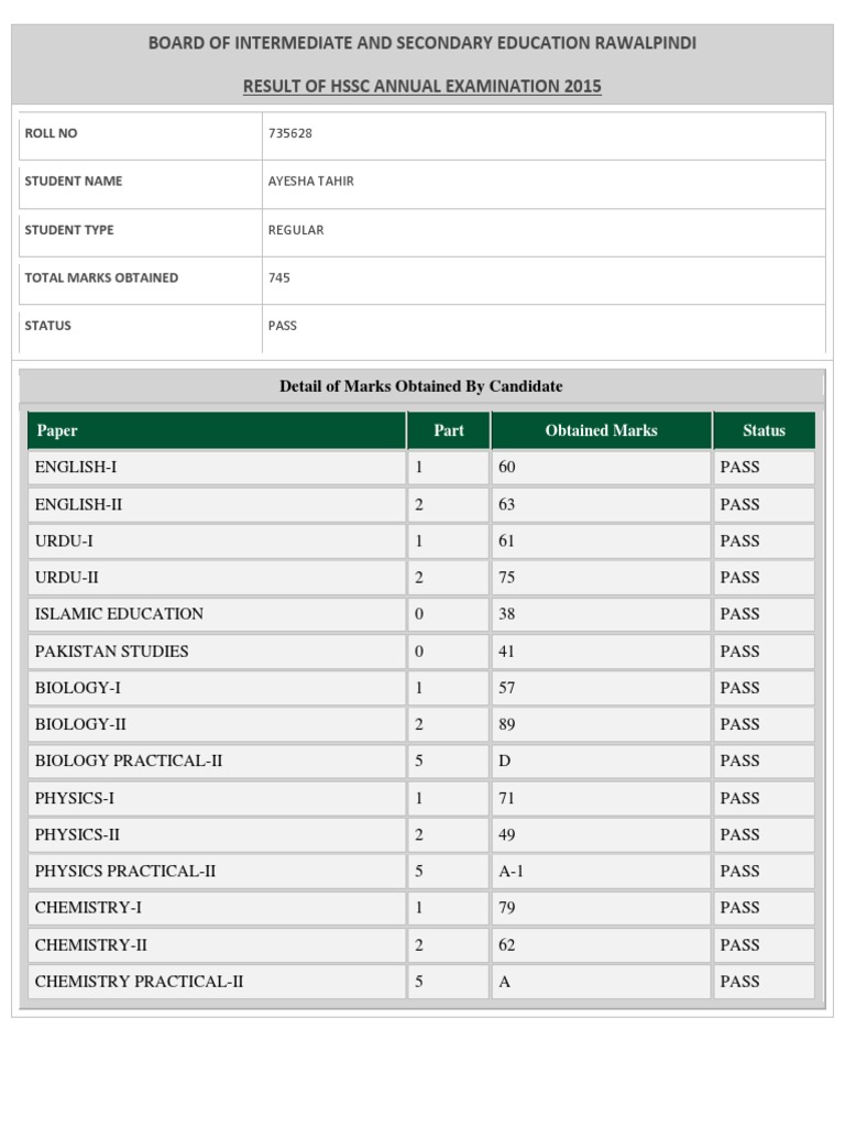 Board of Intermediate and Secondary Education Rawalpindi | PDF