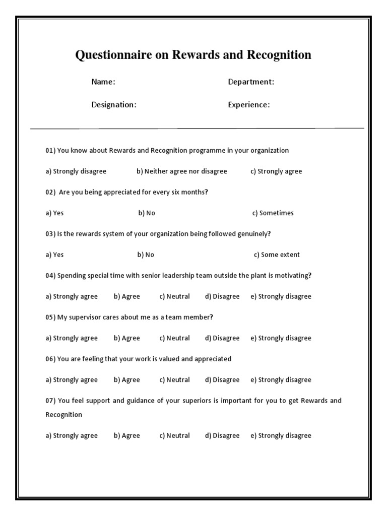 Rewards and Recognition Questionnaire | PDF