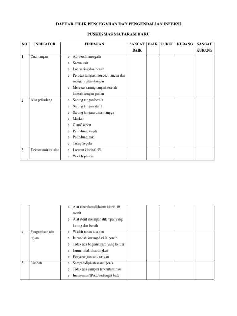 Daftar Tilik Pencegahan Dan Pengendalian Infeksi | PDF Daftar Tilik Pencegahan Dan Pengendalian Infeksi | PDF