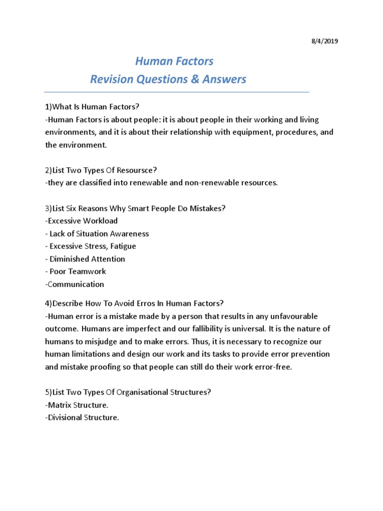 Human Factors Revision Questions | PDF