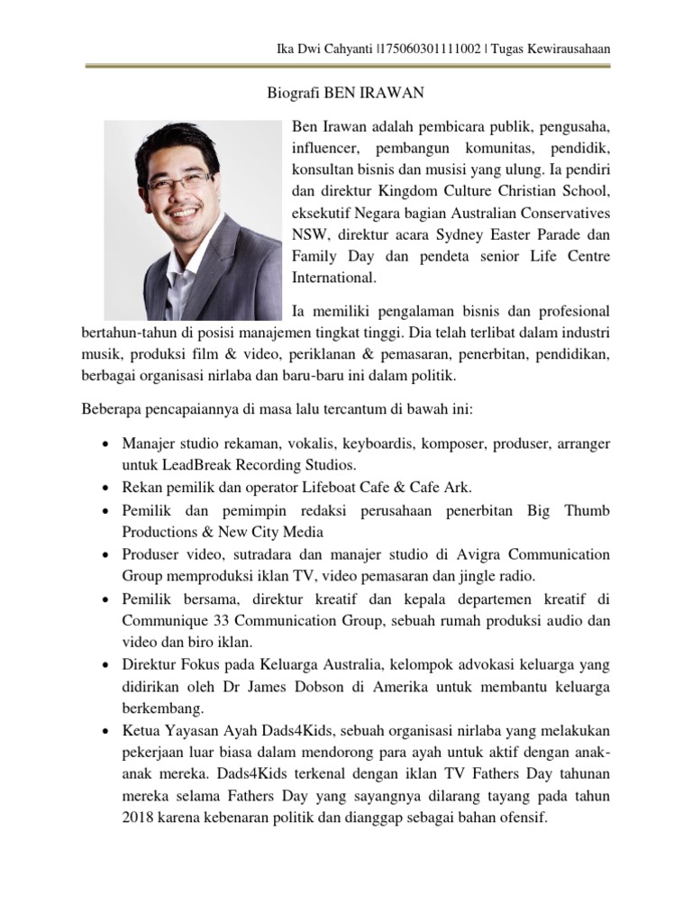 Biografi Ben Irawan: Pengusaha dan Pendidik | PDF