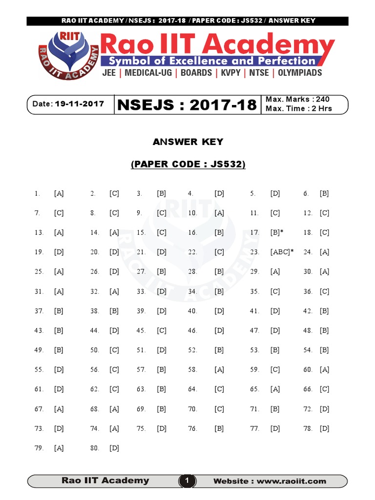 NSEJS 2017-18 Answer Key | PDF | Art
