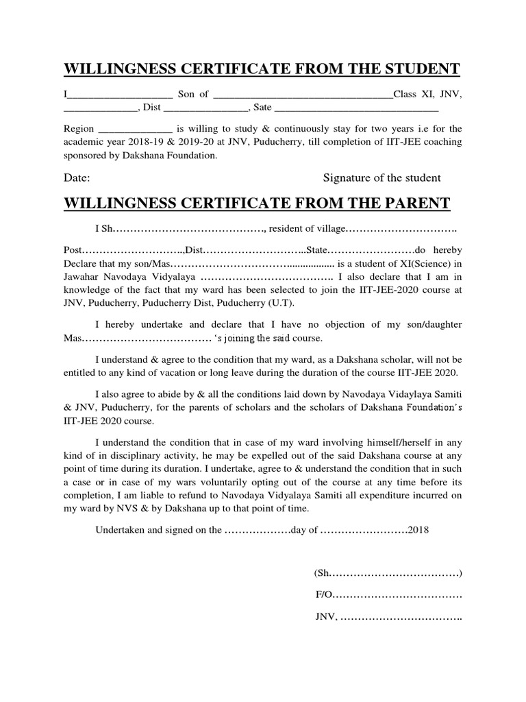 Willingness Certificate From The Student