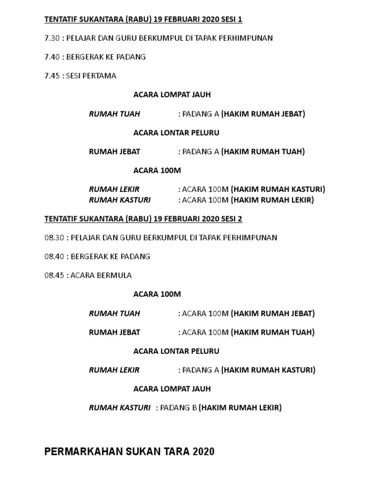 Tentatif Program Sukan Tara 2020 | PDF