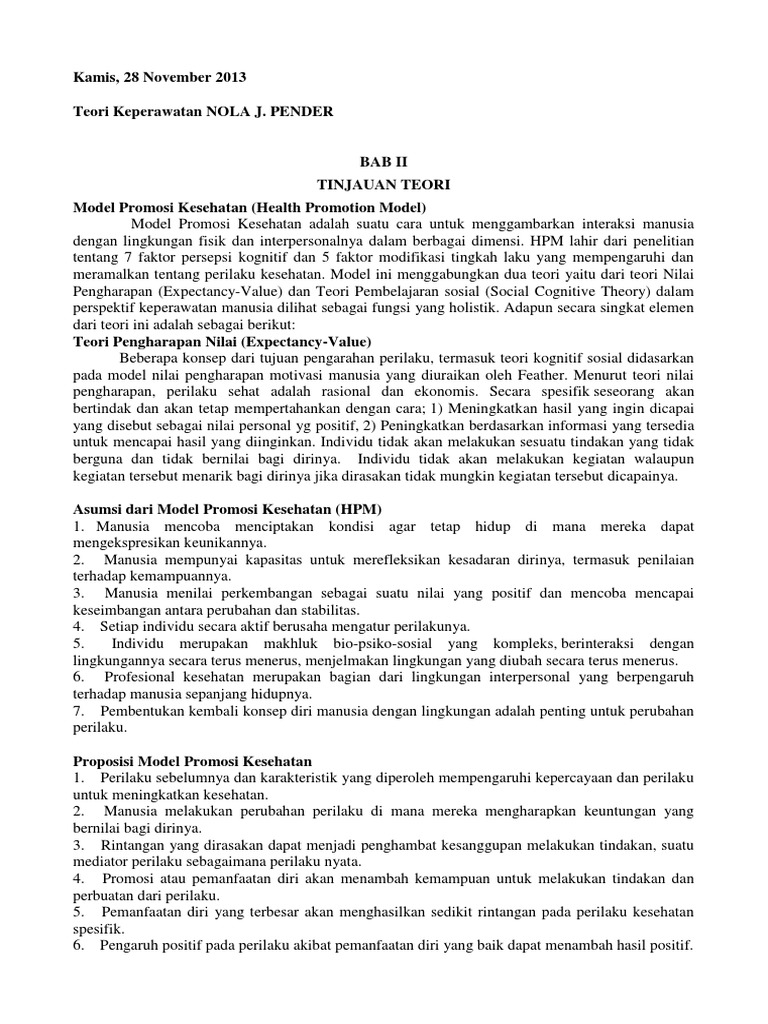 Teori Keperawatan Menurut Nola J. Pender | PDF