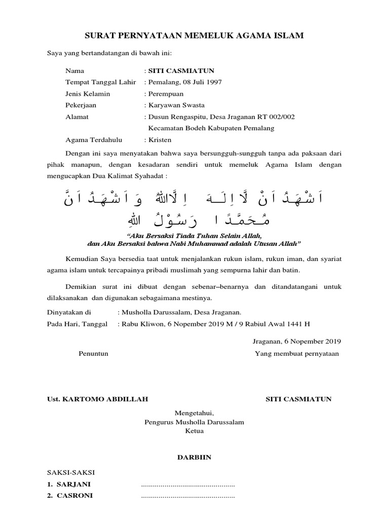 Surat Pernyataan Masuk Islam | PDF