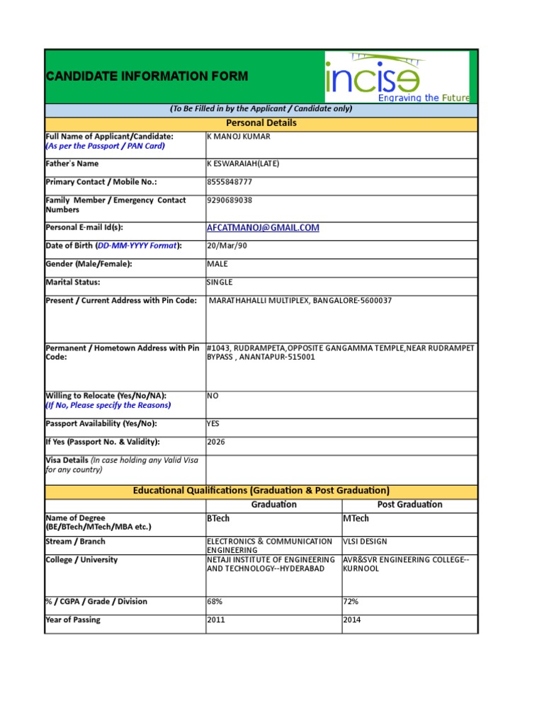 Candidate Information Form - CIF - Blank | PDF