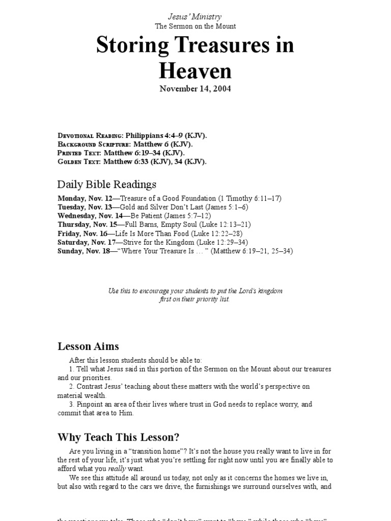 Storing Treasures in Heaven | PDF | Sermon On The Mount | Gospel Of Matthew