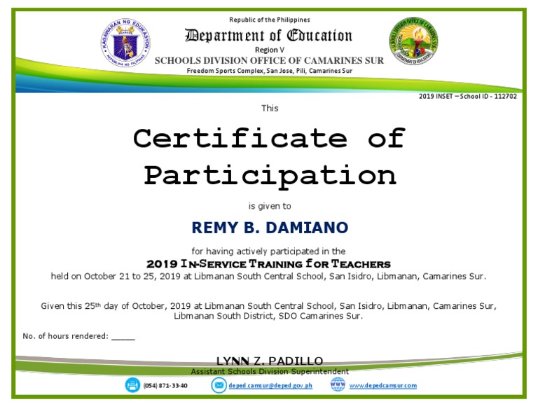 2019 INSET Certificate of Participation Official | PDF