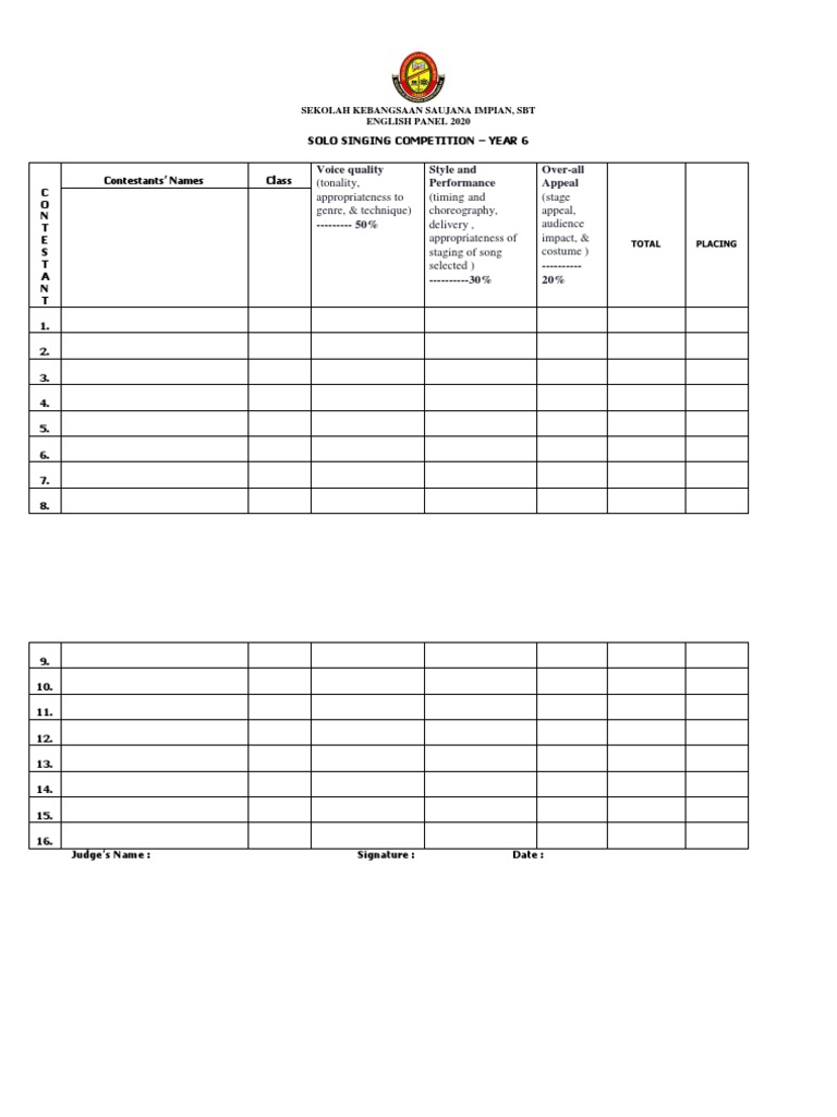 Solo Singing Competition Judging Sheet | PDF