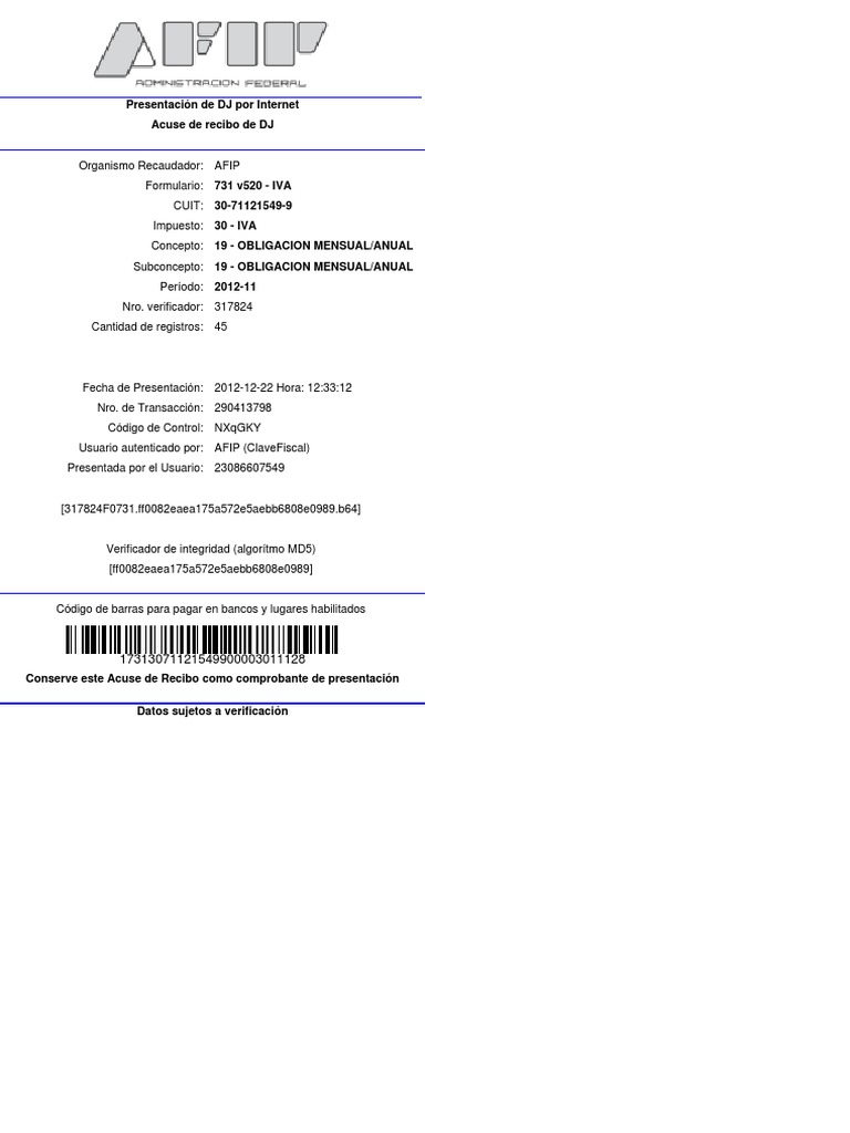 Afip Presentacion Cuit 30711215499 f731 Nrotransaccion 290413798 | PDF