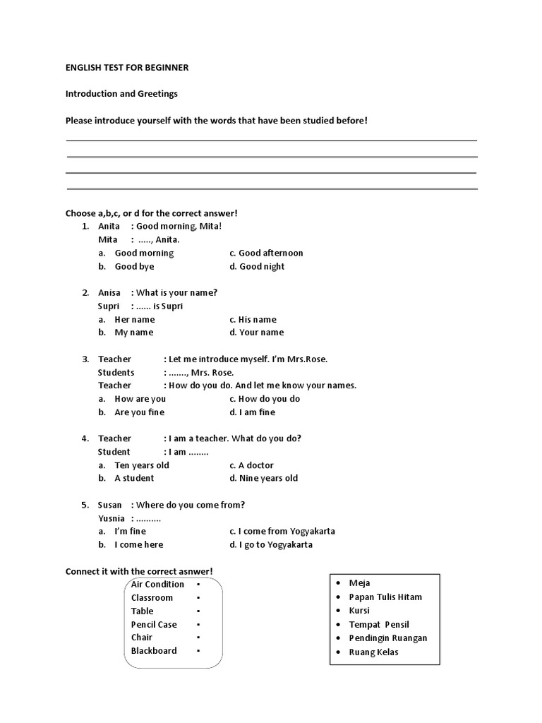 Beginner English Test Worksheet | PDF