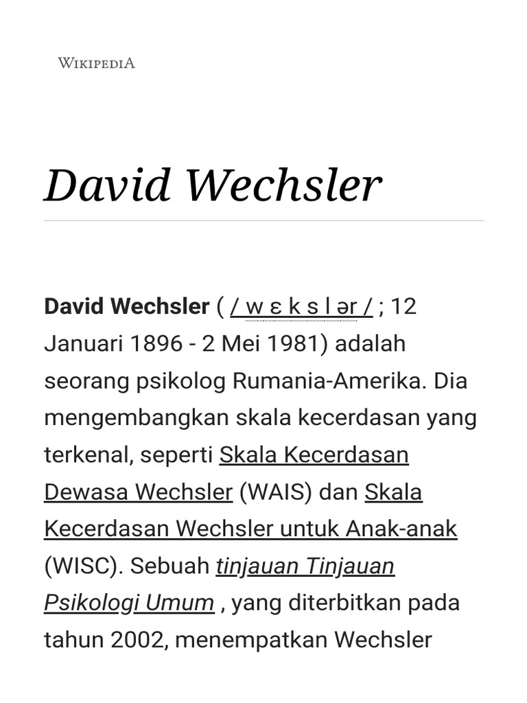 David Wechsler: Pionir Tes Kecerdasan | PDF
