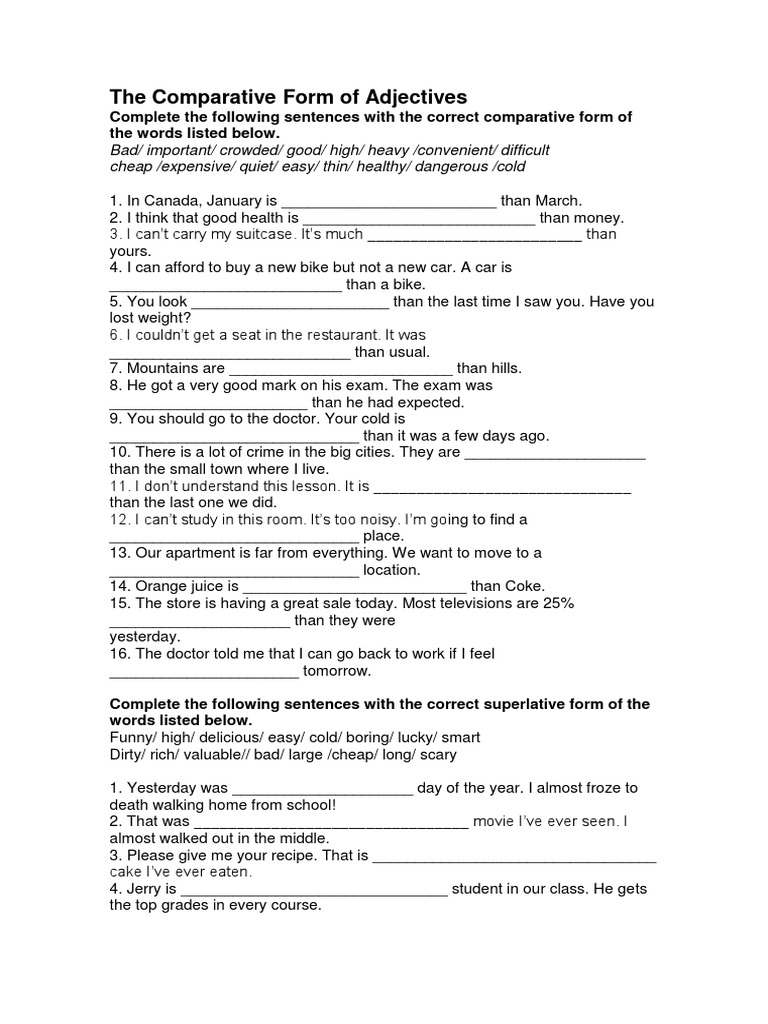 Comparative and Superlative Exercises | PDF