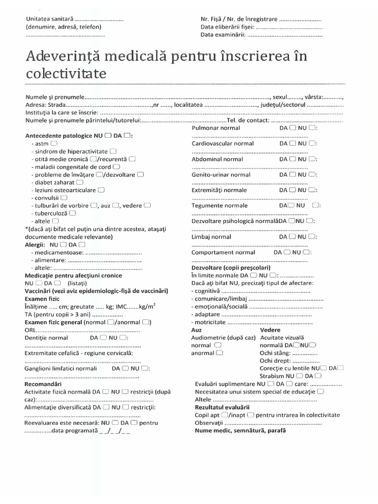 MODEL-FISA-MEDICALA Adeverinta Medicala Inscriere Colectivitate | PDF