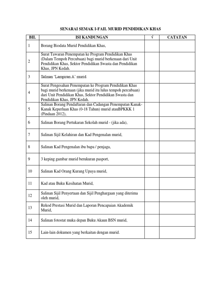 Senarai Semak Murid Pendidikan Khas | PDF