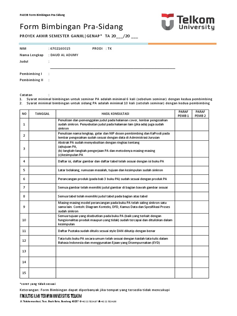 PA03B Form Bimbingan Pra-Sidang | PDF