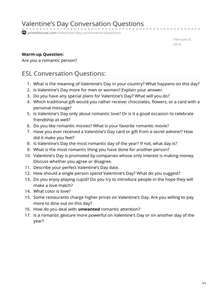 Valentines Day Conversation Questions | PDF | Self-Improvement | Wellness